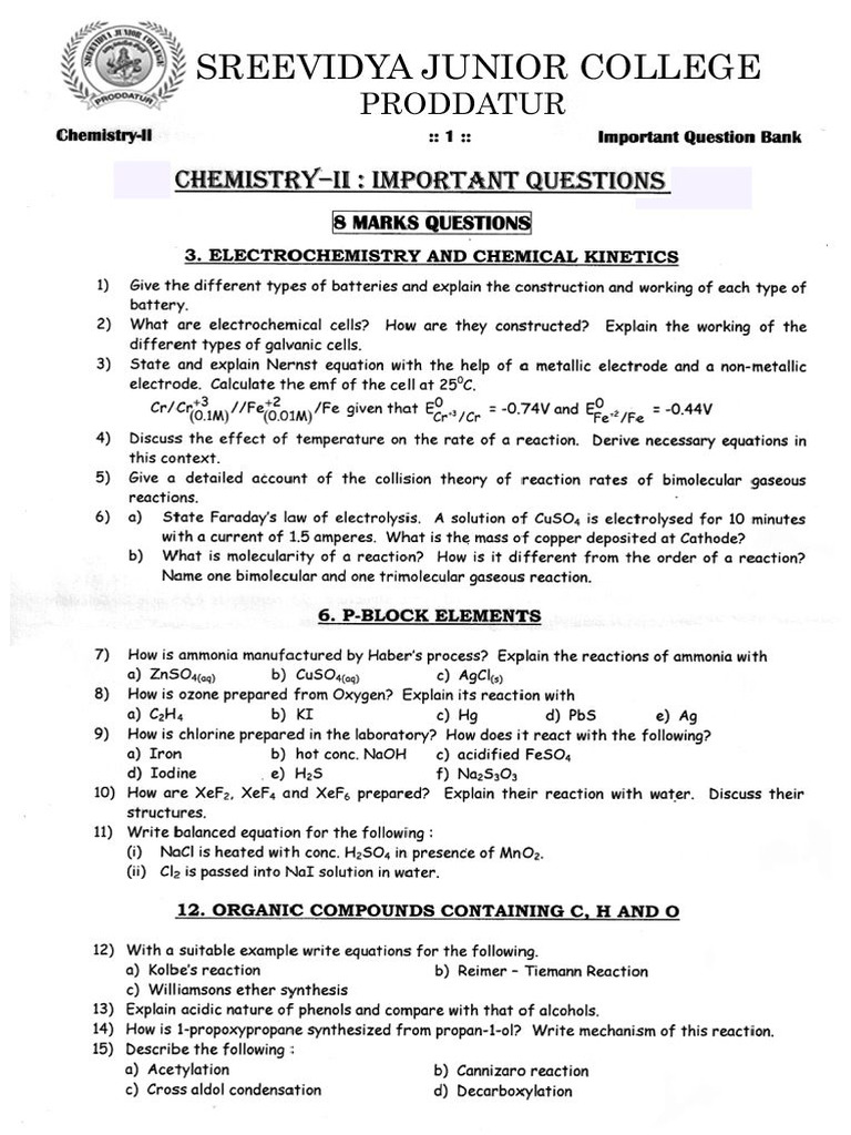 2ND Year Chemistry Important Questions - Sreevidya | PDF