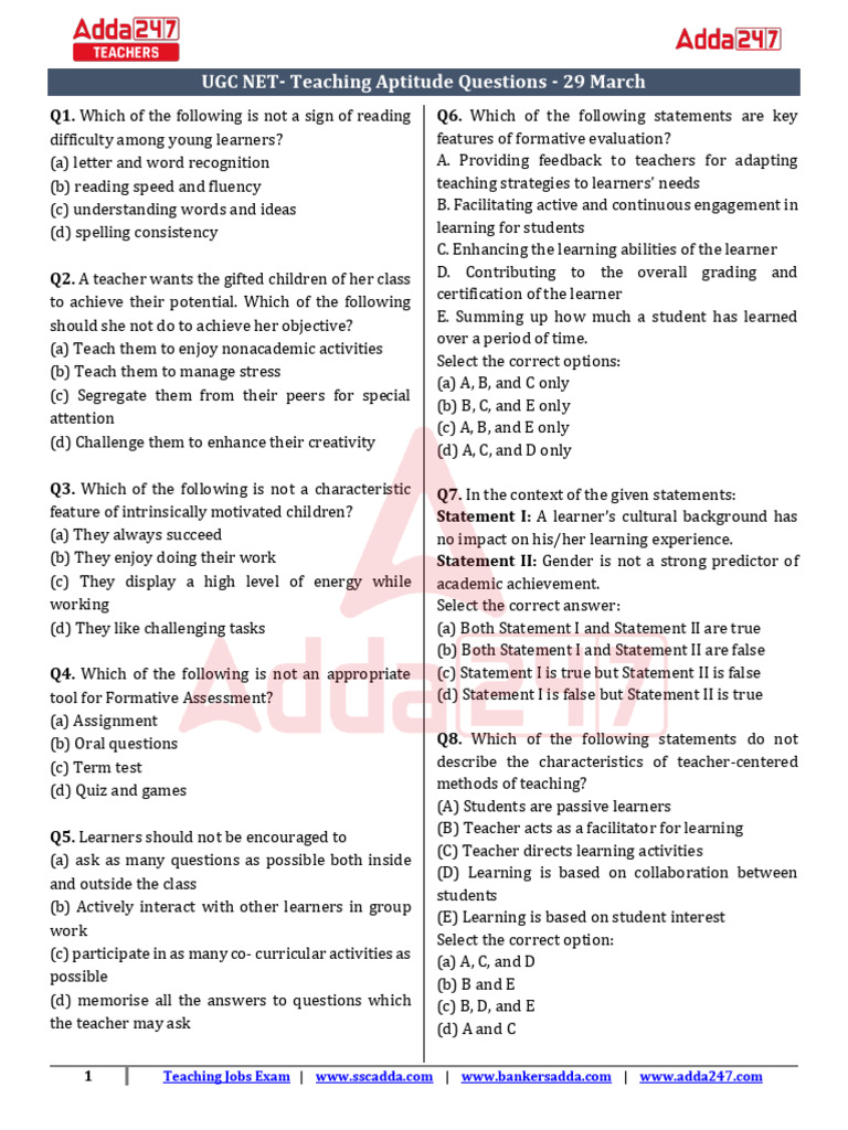 UGC NET Teaching Aptitude Questions | PDF | Teachers | Learning
