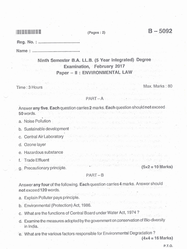 Environmental Law Previous Question Paper | PDF