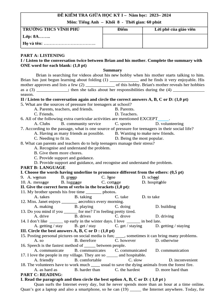 ĐỂ KTRA GIỮA KÌ 1 -K8 (23-24) | PDF