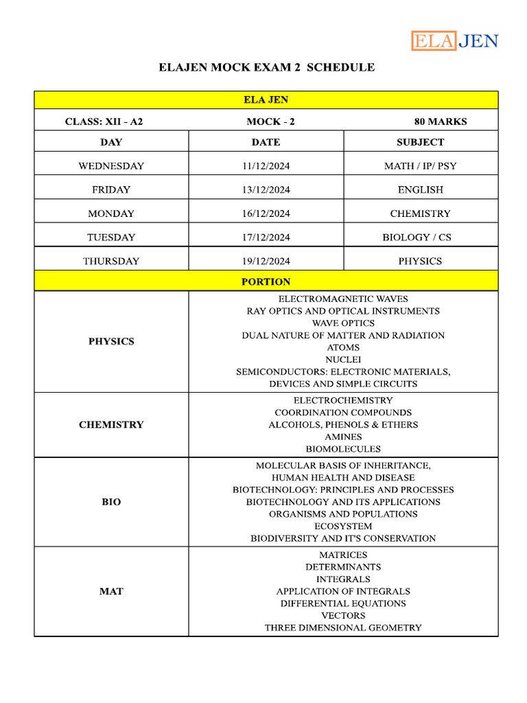 Xii Jee Mock - 2 Reschedule | PDF
