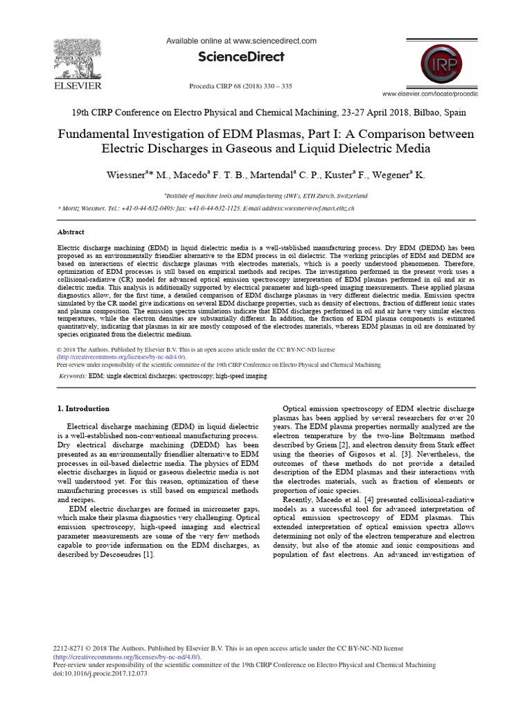 Fundamental investigations of EDM plasmas | PDF | Spectral Line | Plasma (Physics)