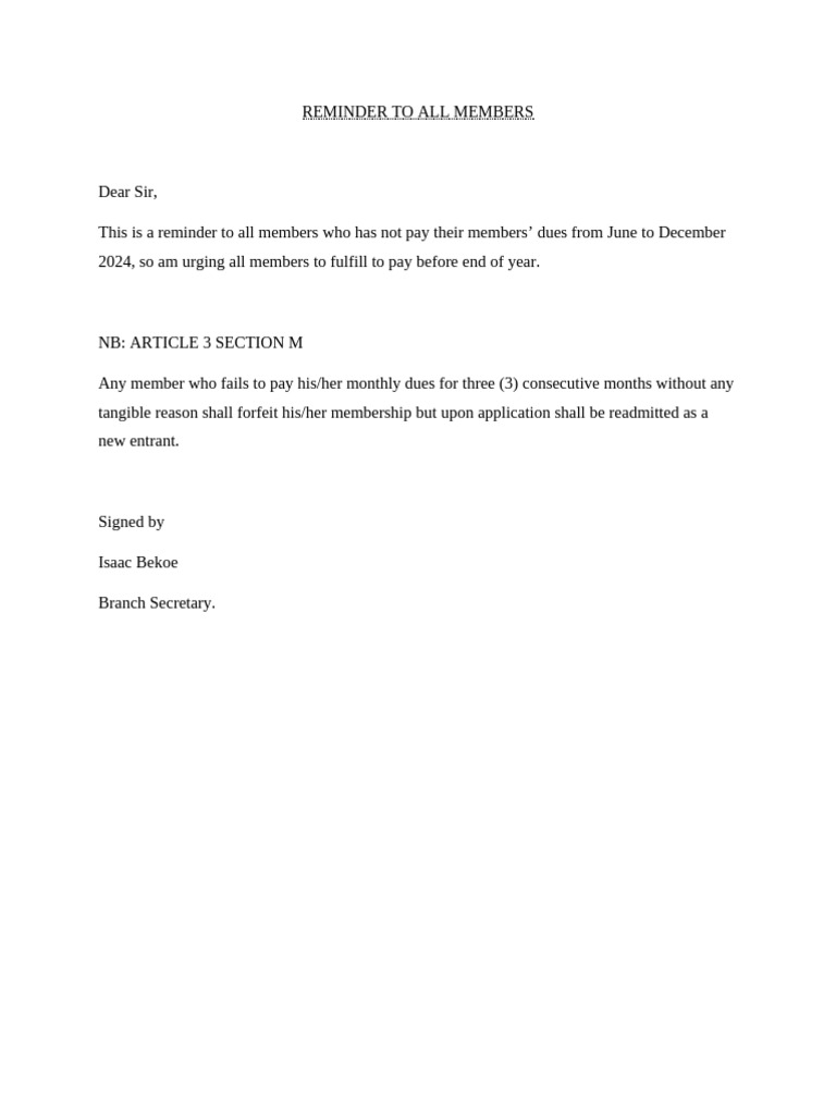 Membership Dues Payment Reminder | PDF