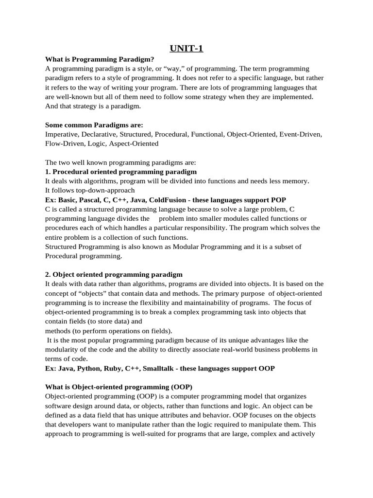 UNIT1 notes for students | PDF | Object Oriented Programming ...