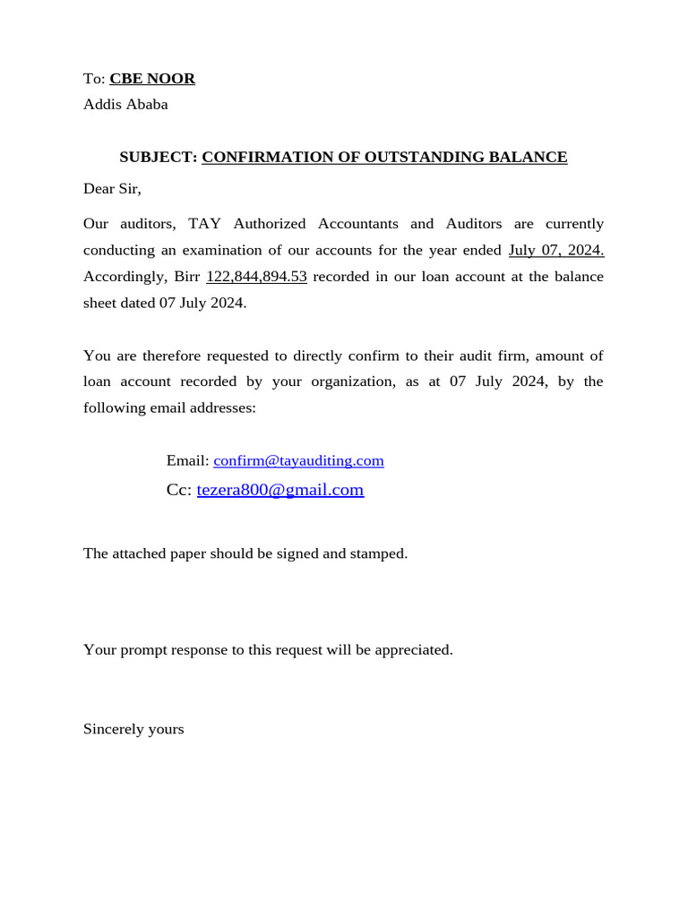 Confirmation of Outstanding Balance Loan-1 | PDF | Audit | Financial ...