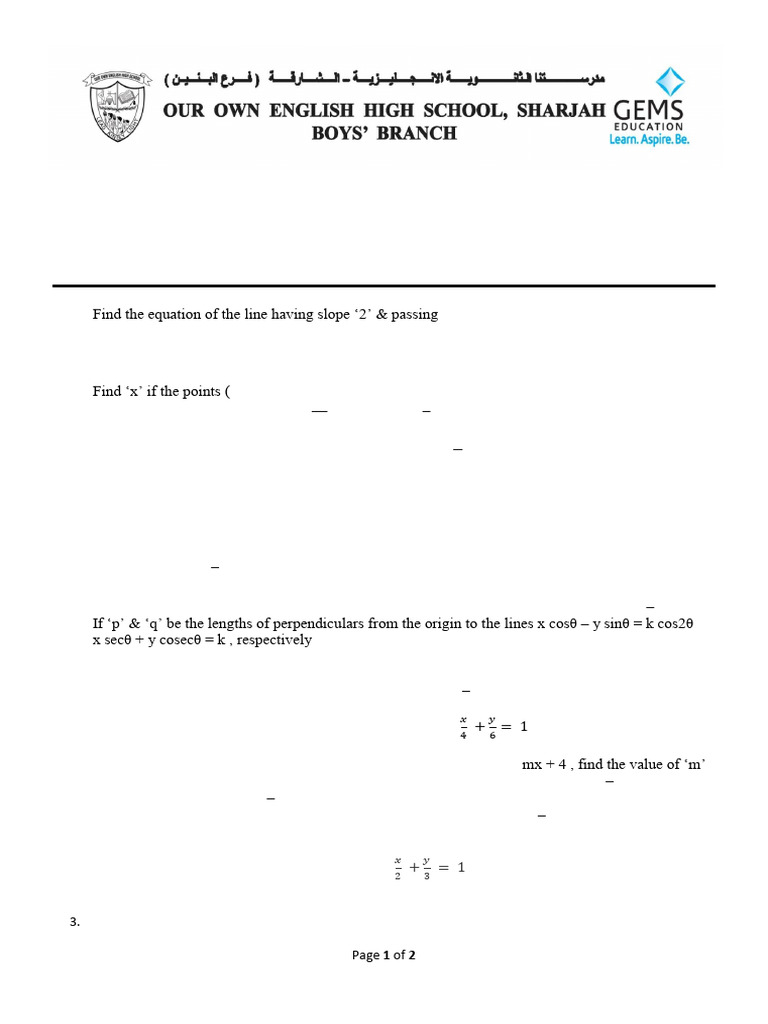 Straight Lines Worksheet - 241109 - 230750 | PDF | Line (Geometry ...