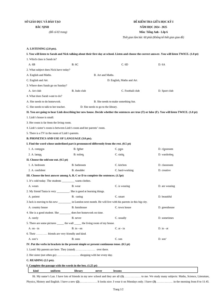 (Trần Quốc Toản) Đề Anh 6 GK1 2024-2025 | PDF | Linguistics