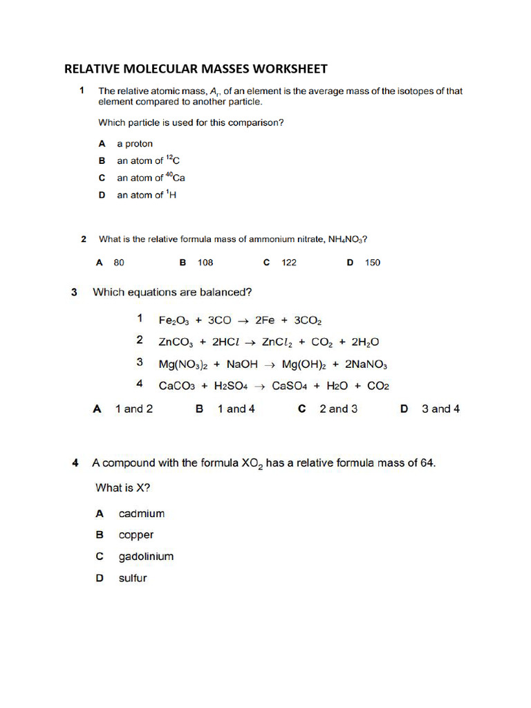 Relative Masses Worksheet Paper 2 | PDF