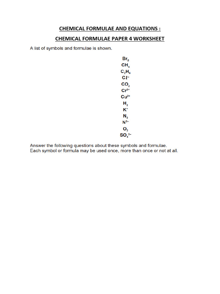 Chemical Formulae and equations PAPER 4- Formulae Worksheet | PDF