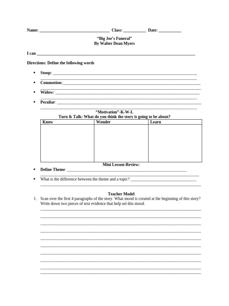 Big Joe's Funeral: Lesson Plan & Analysis | PDF | Cognition | Psychology