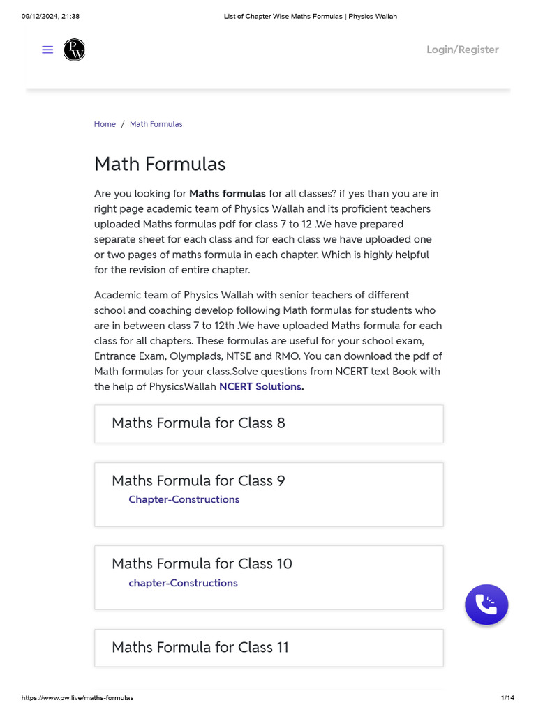 List of Chapter Wise Maths Formulas - Physics Wallah | PDF | Area | Circle