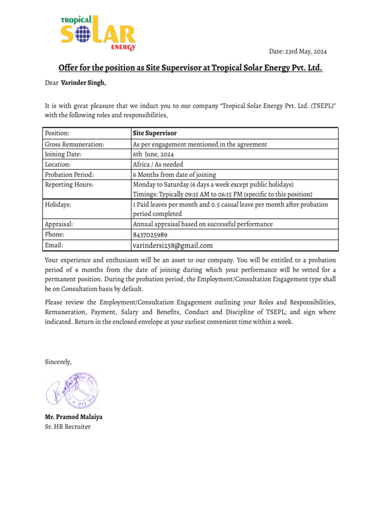 Offer Letter - Varinder Singh | PDF | Employment | Salary