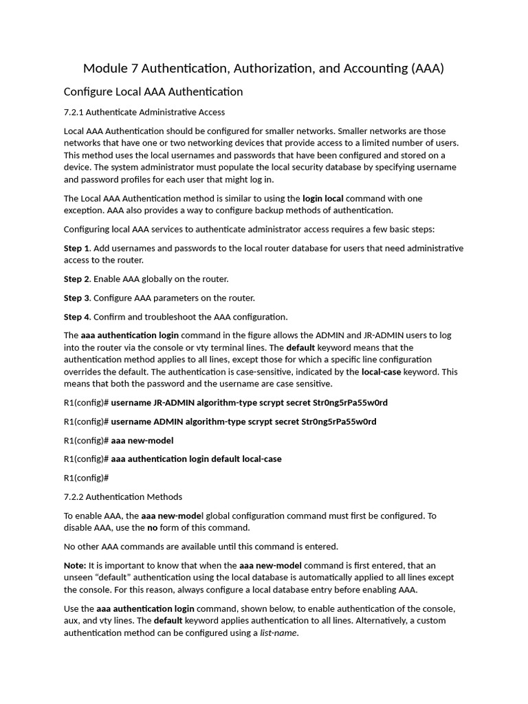 Module 7 Authentication Authorization And Accounting Aaa Pdf Radius Computer Network