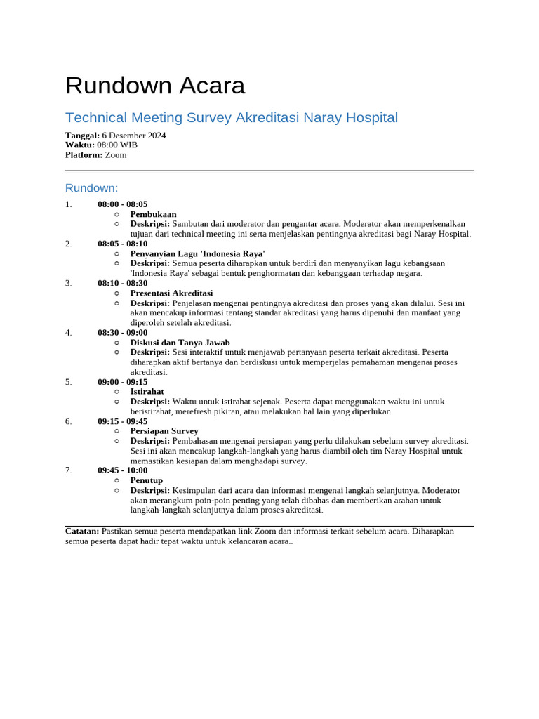Rundown Acara Technical Meeting Survey Akreditasi Naray Hospital (1) | PDF