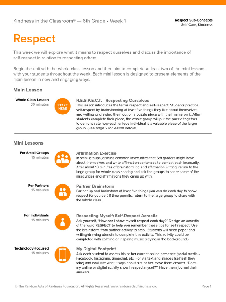 Grade 6 Respect Lesson 1 Respecting Ourselves | PDF | Cognition | Human ...