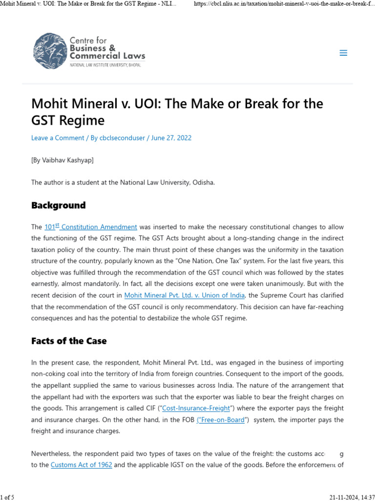 Mohit Mineral v. UOI - The Make or Break For Thebbb GST Regime - NLIU ...