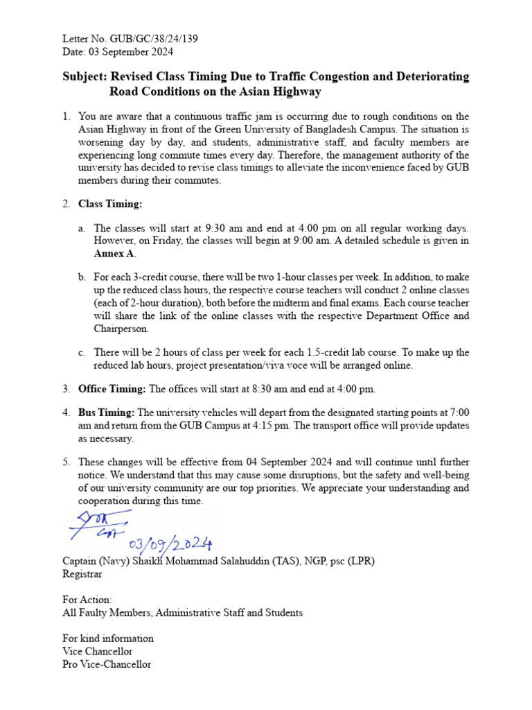 Revised Class Timing Due To Traffic Congestion and Deteriorating Road ...