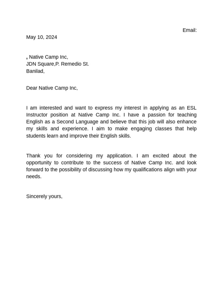 ESL Instructor Application Letter | PDF