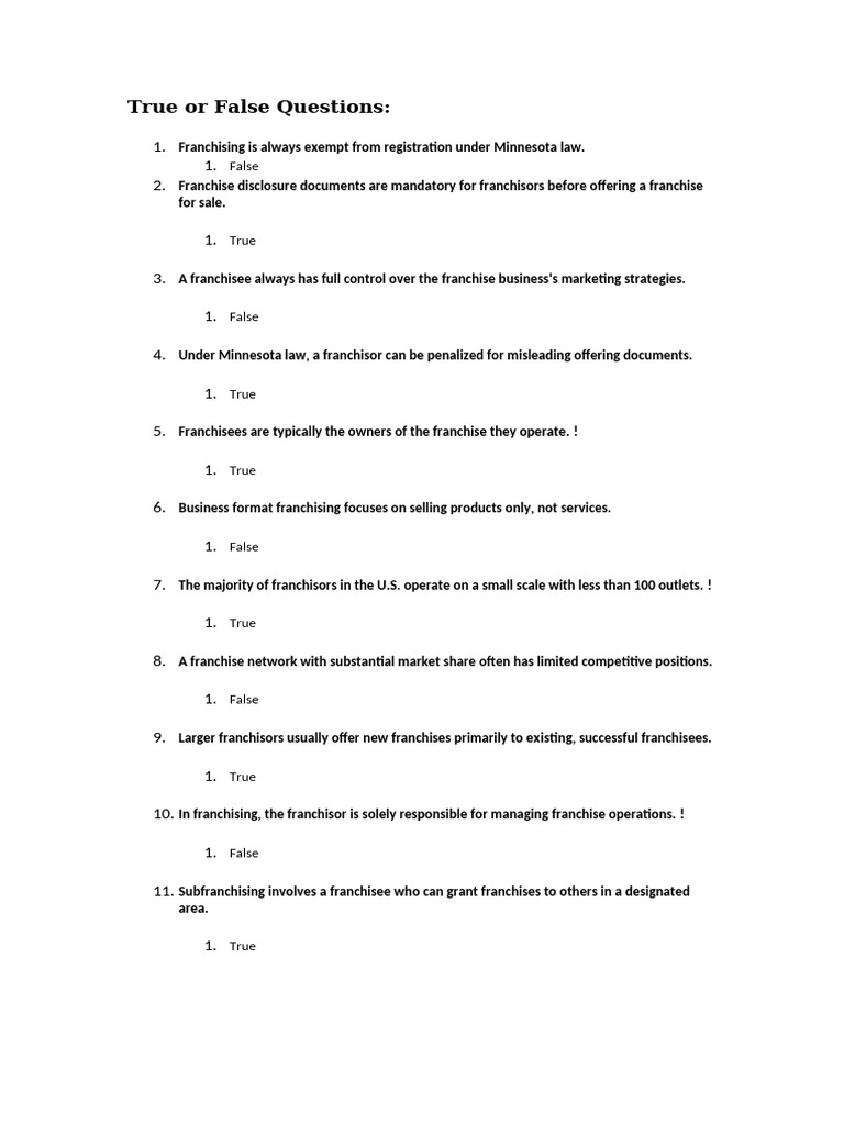 True or False Questions. Franchising RVWR | PDF | Franchising | Civil ...