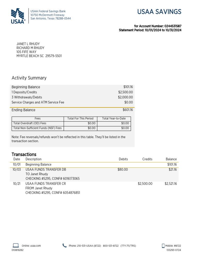 USAA Savings Account Statement 10/2024 | PDF | Debits And Credits | Fee