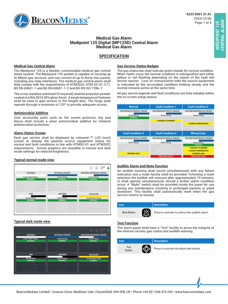 BMED Digital Medipoint 125 Central Alarm HTM Technical Datasheet en ...