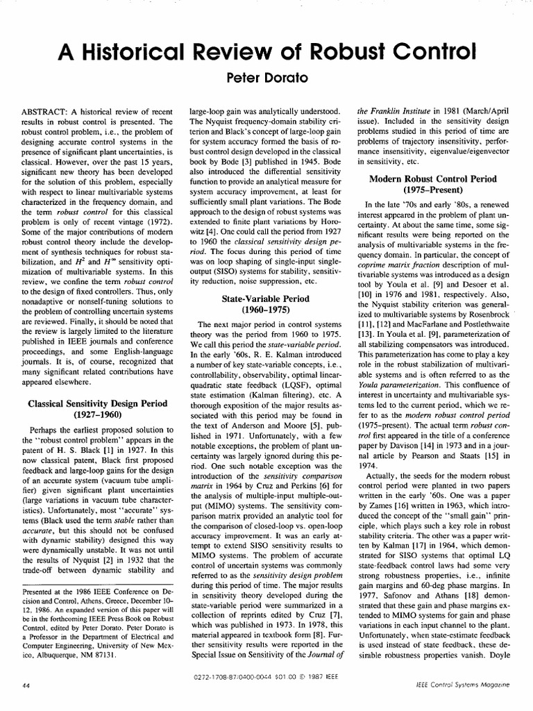 A Historical Review of Robust Control | PDF | Control Theory | Applied Mathematics