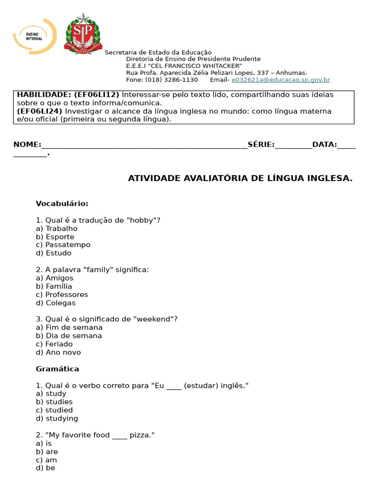 ATIVIDADE AVALIATÓRIA DE LÍNGUA INGLESA 6ano | PDF