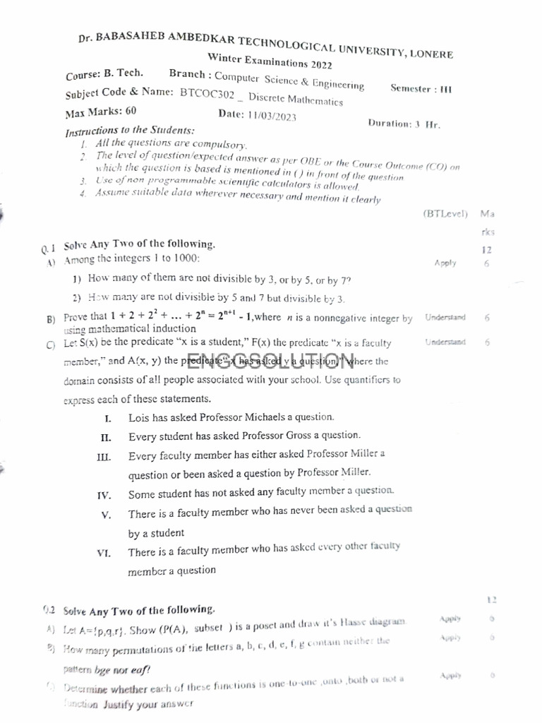 Dbatu DM Question Paper - 2022 | PDF | Discrete Mathematics ...