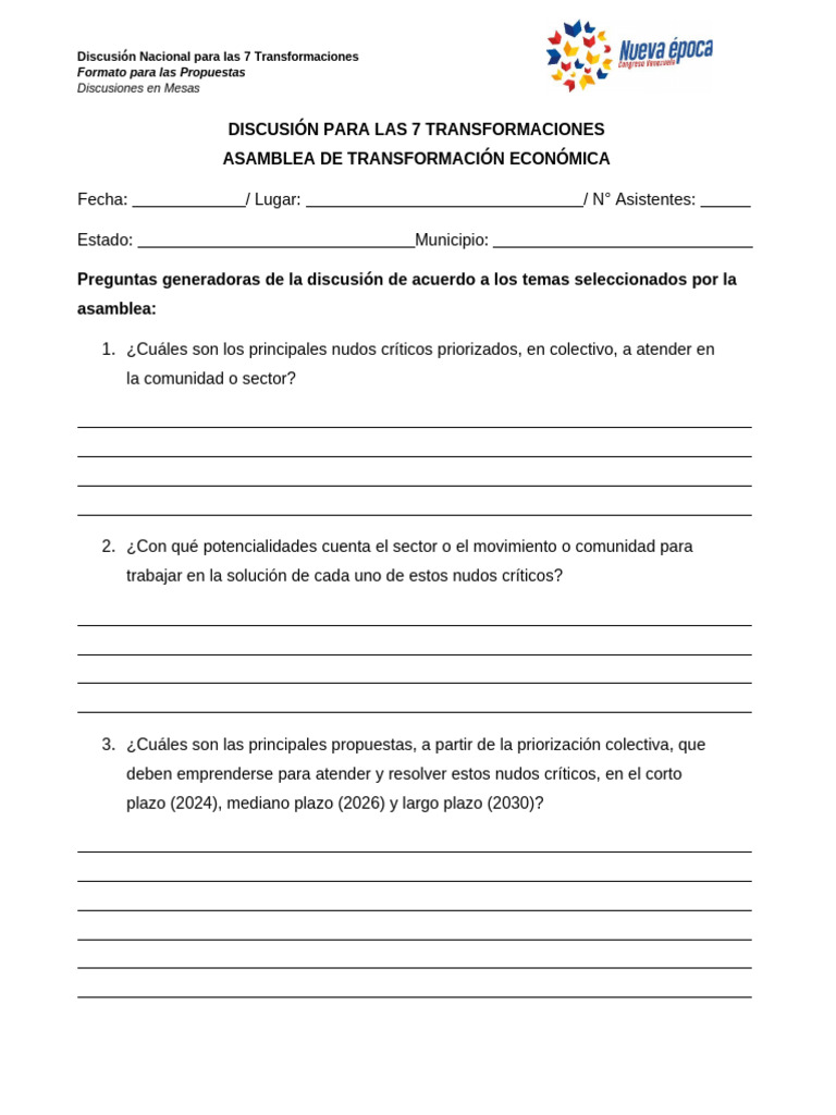 00 Formato para Propuestas en La Asamblea - Discusión para Las 7 Transformaciones | PDF