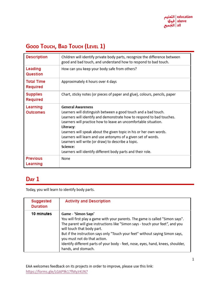 Good Touch Bad Touch Level 1 | PDF | Learning | Thought