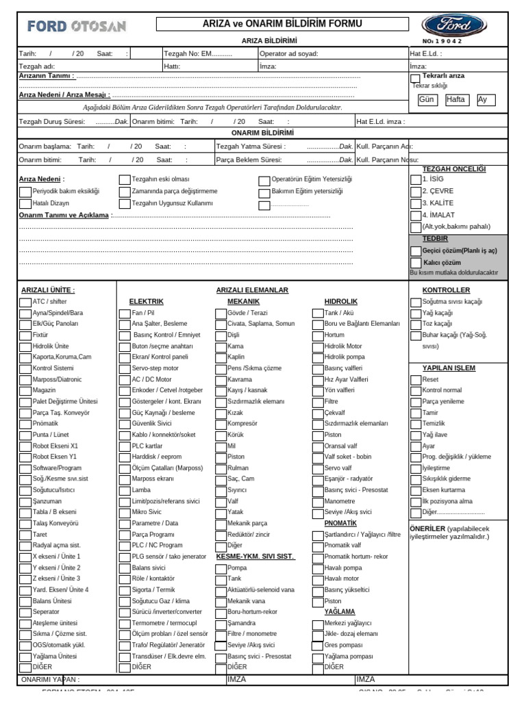 ARIZA BİLDİRİM FORMU | PDF