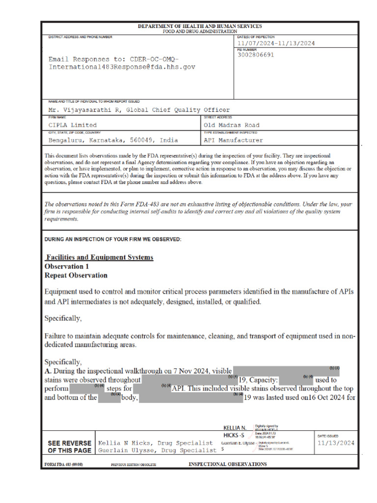 Cipla USFDA 483 | PDF
