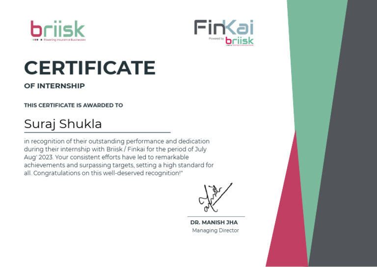 Internship Certificate Briisk Global | PDF