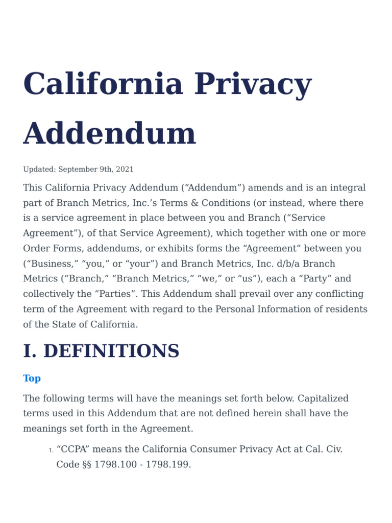 California Privacy Addendum 1 0 | PDF | Government | Common Law