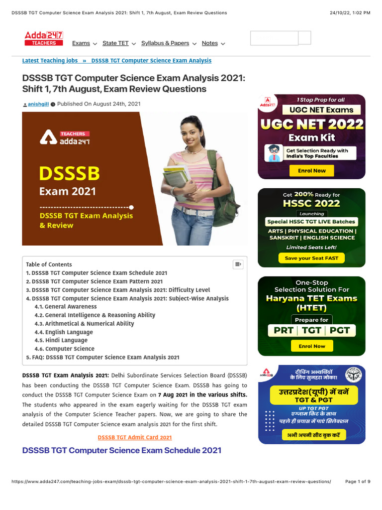 DSSSB TGT Computer Science Exam Analysis 2021: Shift 1, 7th August ...