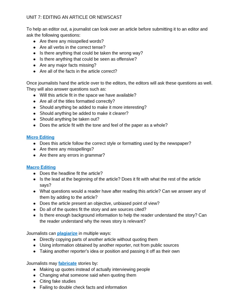 Journalism Summary Lesson 2-7 | PDF | Editing | Word