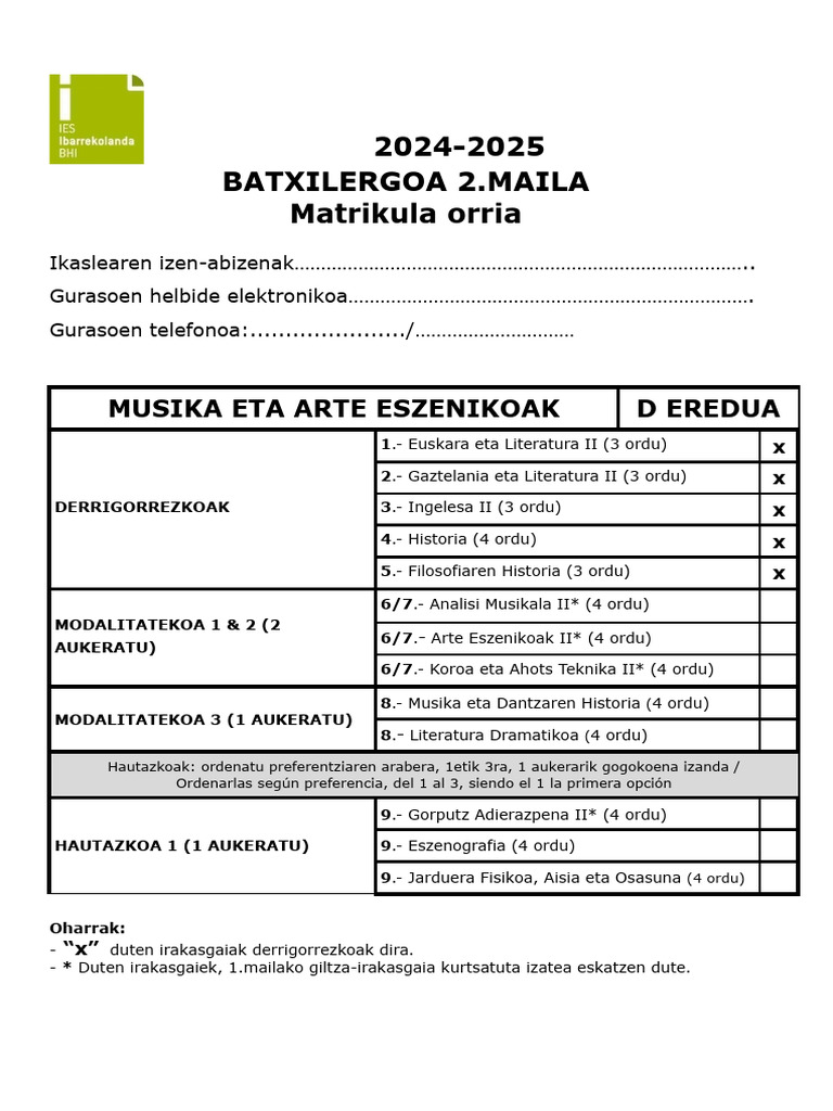 Batx.2.-Matrikulako-orriak-24-25_MUSIKA_ARTE_ESZENIKOAK (1) | PDF