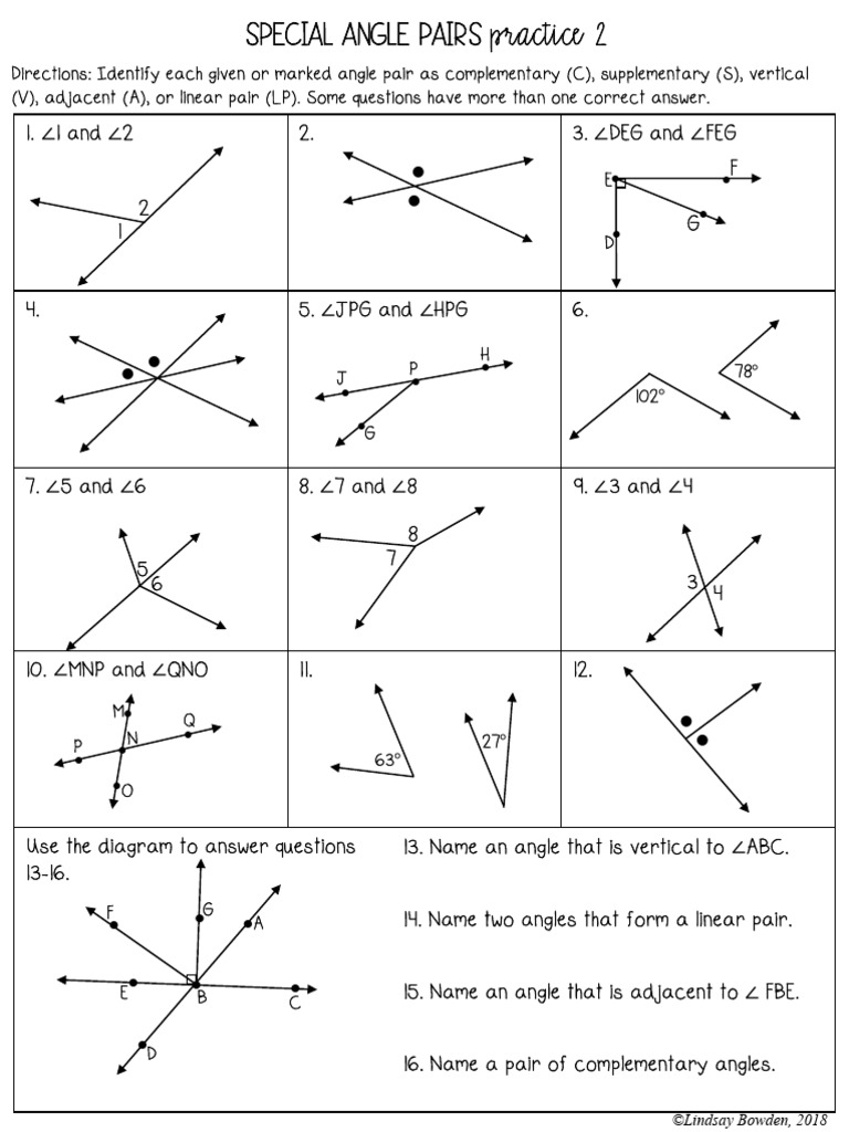 Special Angle Pairs - Practice | PDF | Euclidean Geometry | Geometry