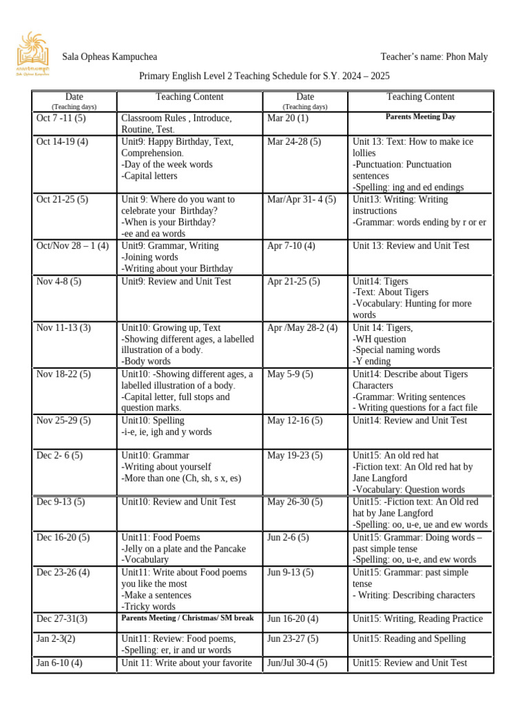 Level - Teaching Schedule 24.25 | PDF | Orthography | Linguistics
