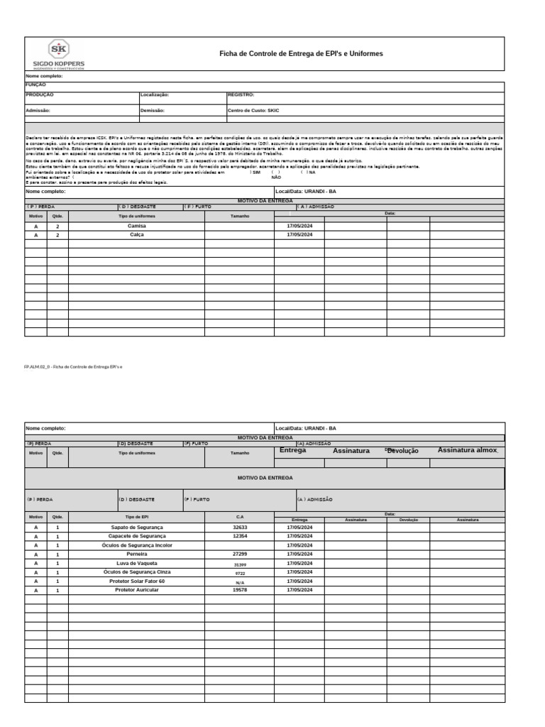 2143FP - ALM.02 - 0 - Ficha de Controle de Entrega EPI's e Uniformes em WORD | PDF