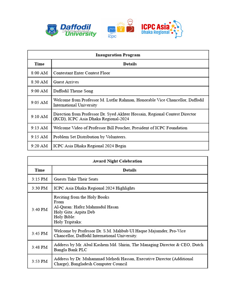 Inauguration and Closing Program Rundown ICPC Dhaka-2024 | PDF | Bangladesh