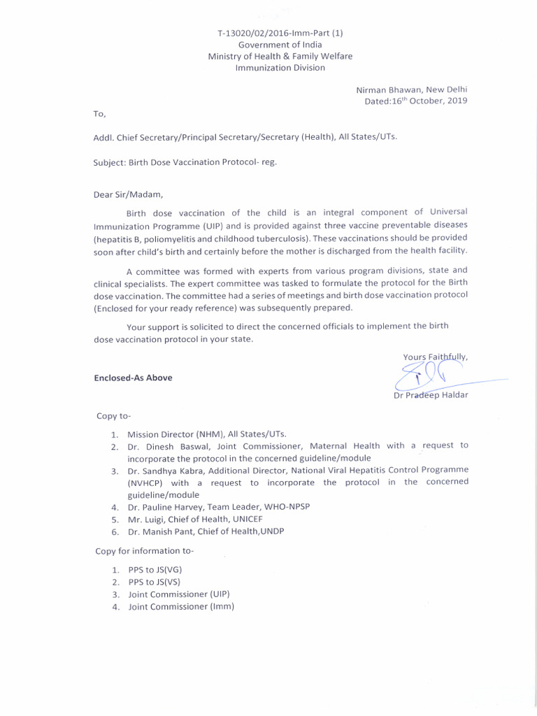 Letter With Protocol of Birth Dose | PDF