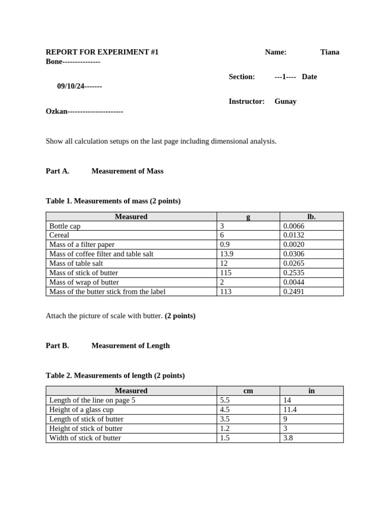Experiment #1: Mass, Length, Volume, Temperature Measurements | PDF ...