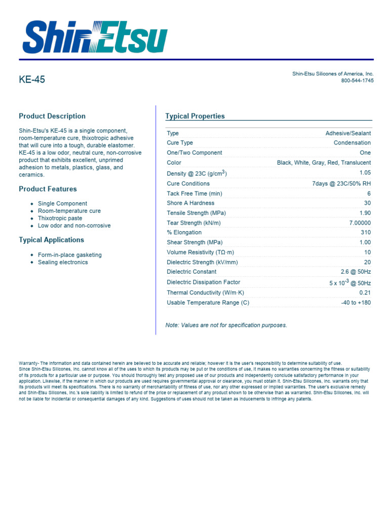 ShinEtsu KE-45 Adhesive Overview | PDF | Silicone | Electrical ...