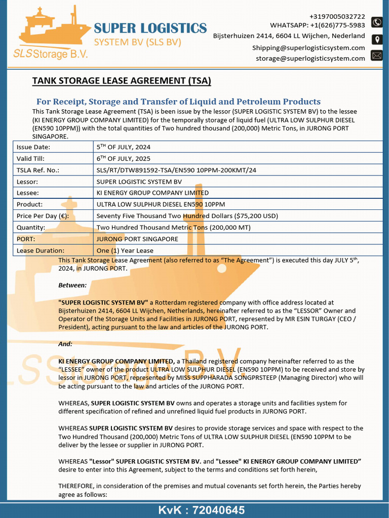 Tank Storage Agreement (Tsa) - En590 - Ki Energy Group Company Limited ...
