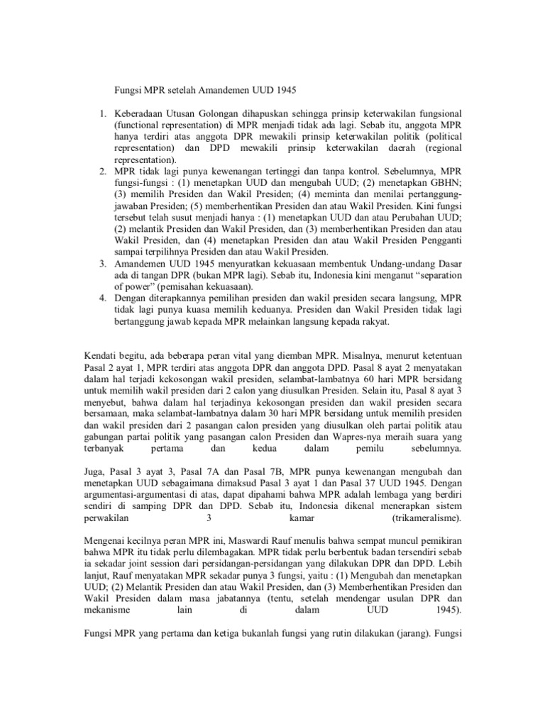Fungsi MPR Setelah Amandemen UUD 1945 | PDF