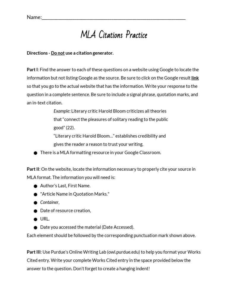 8G MLA Works Cited Practice | PDF | Citation