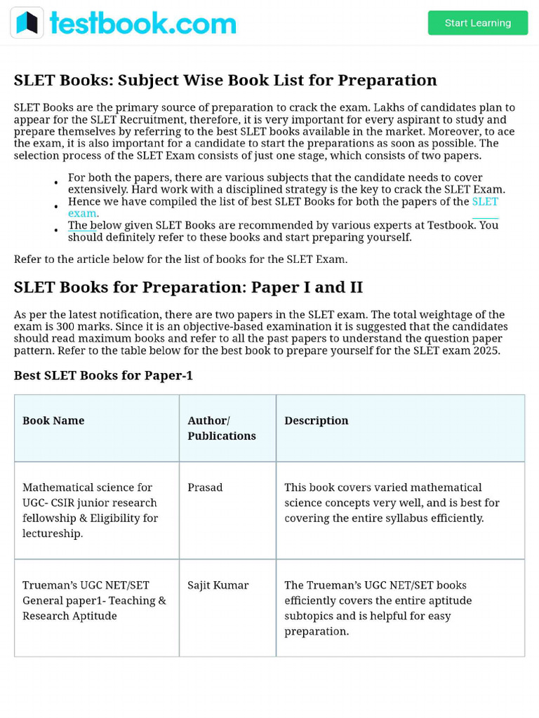 SLET Books - Subject Wise Book List For Preparation | PDF