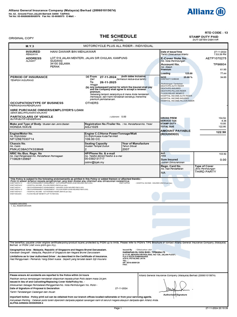Cover Note 2d7d09a | PDF | Insurance | Financial Services