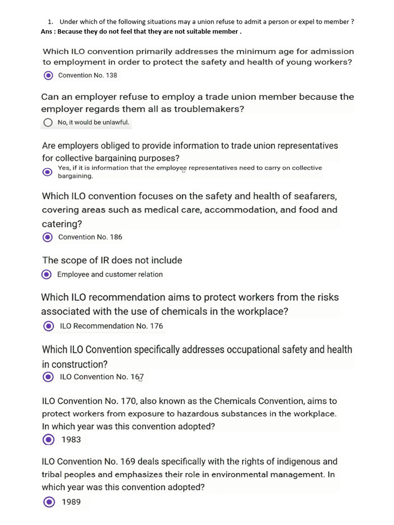 ILO MCQ -Q&A | PDF | International Labour Organization | Labour Law